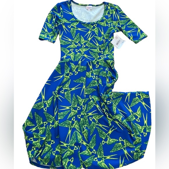 LuLaRoe | Dresses | Lularoe Royal Blue Neon Green Bird Nicole Fit Flare ...